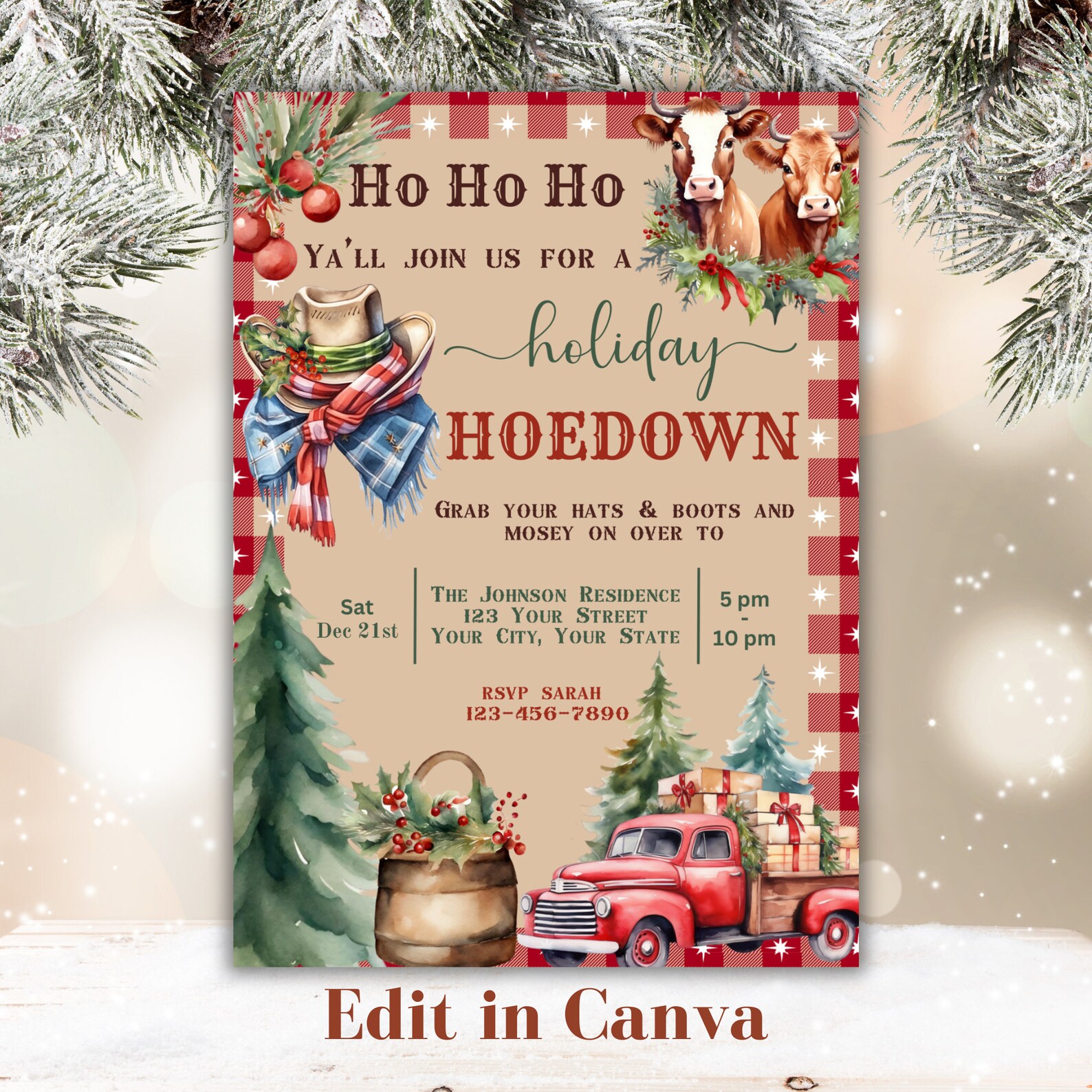 Hoedown Christmas Invitation, Canva Editable Template, Printable Cowboy ...