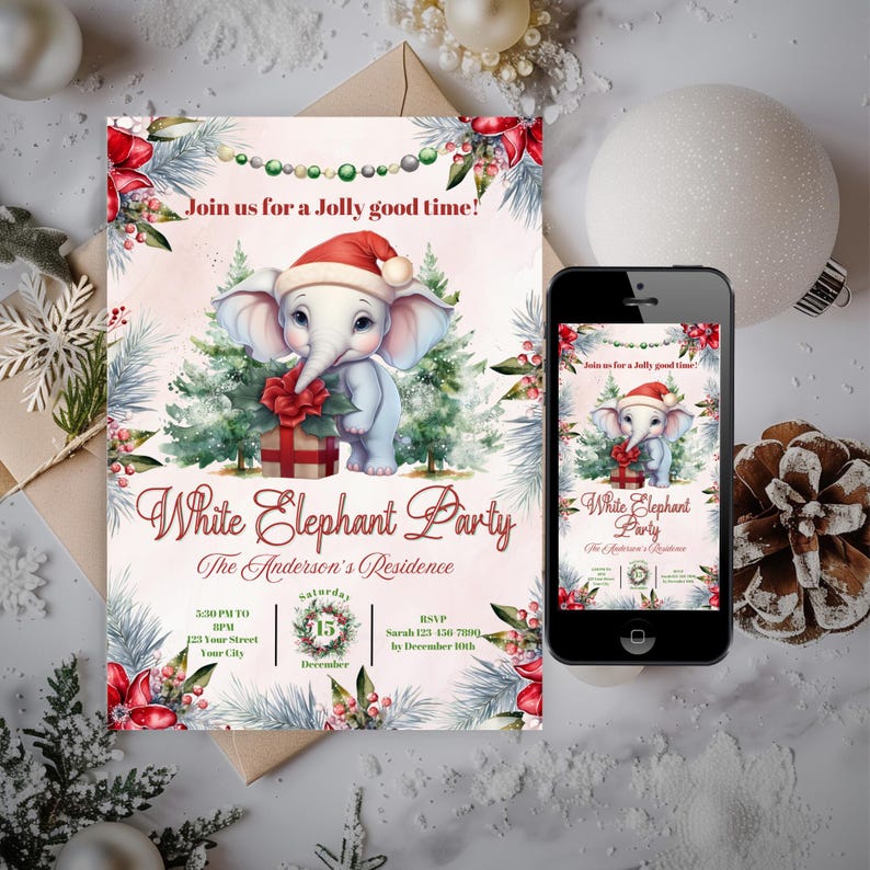 White Elephant Christmas Party Invitation, Editable Canva Invite ...