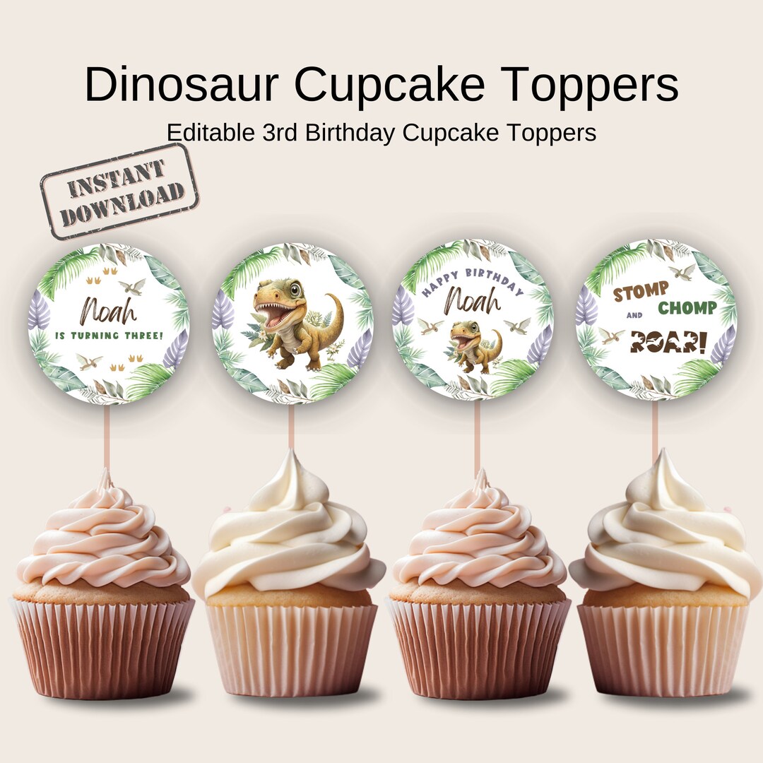 Editable Dinosaur Printable Cupcake Toppers, Printable Dinosaur 3rd ...