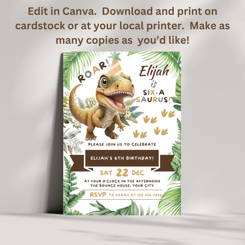 Editable Canva Dinosaur Birthday Invitation With Photo Template | T Rex ...