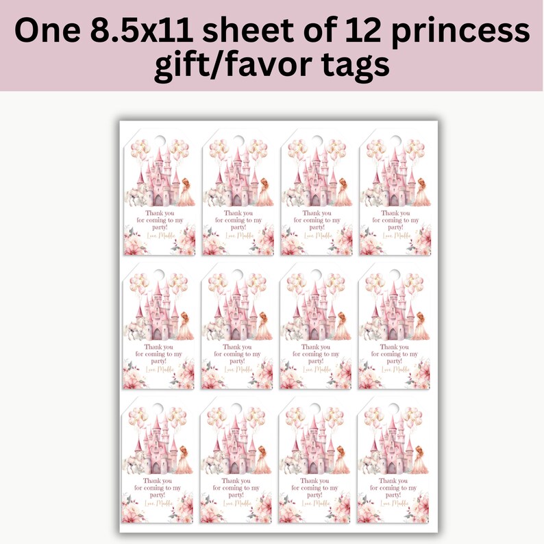 Editable Princess Thank You Tags, Gift Tags, Girl Birthday Party, Favor ...