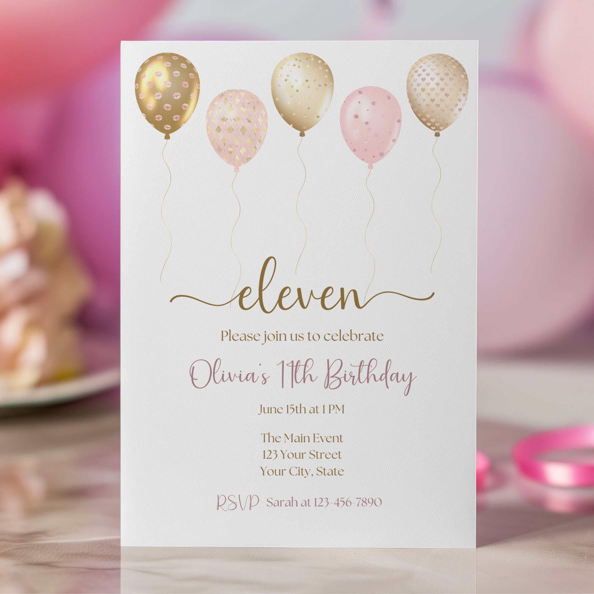 11th Birthday Invitation, Editable Pink Gold Glitter Birthday Party ...