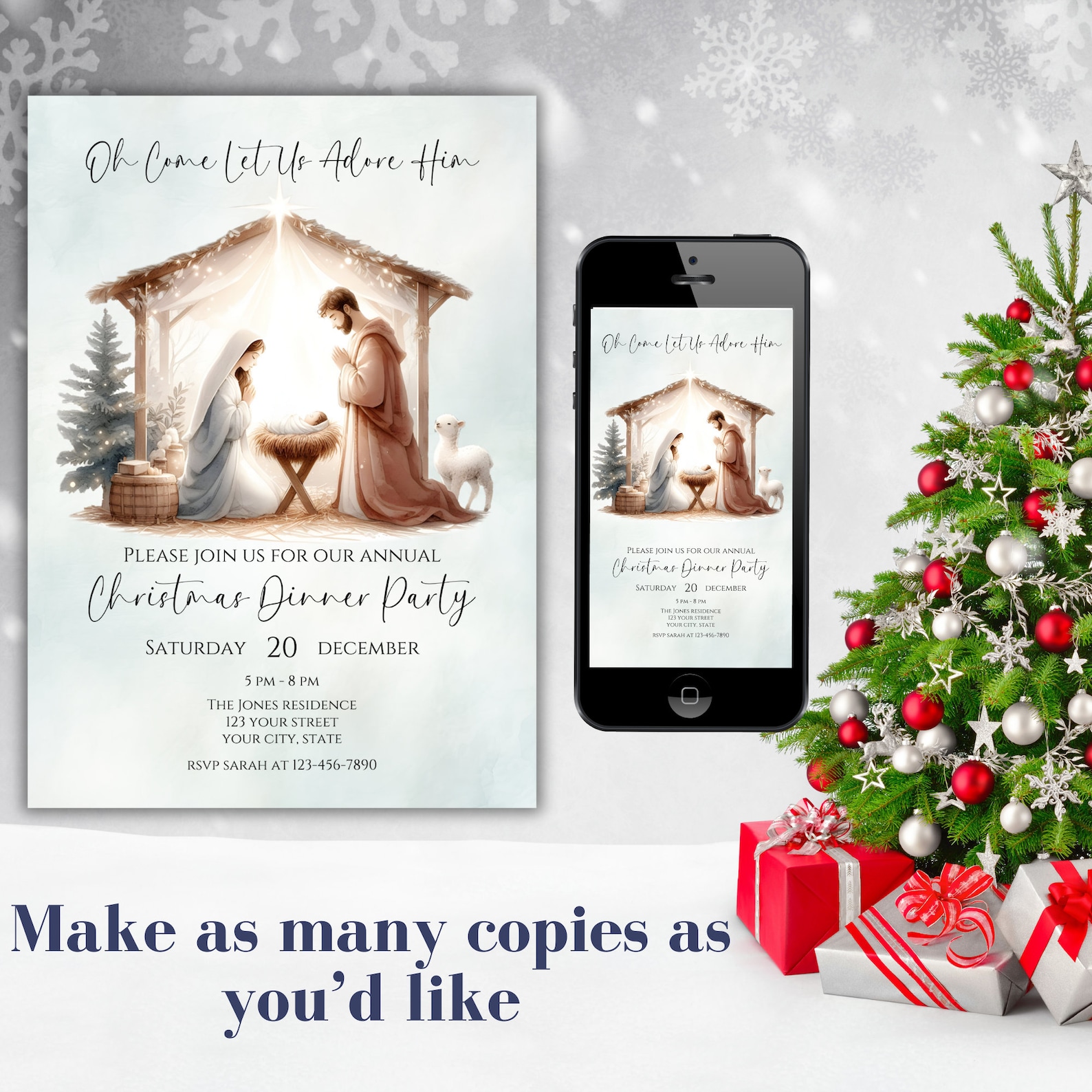 Editable Nativity Christmas Party Invitation, Religious Oh Come Let Us Adore Him Invite, Church ...