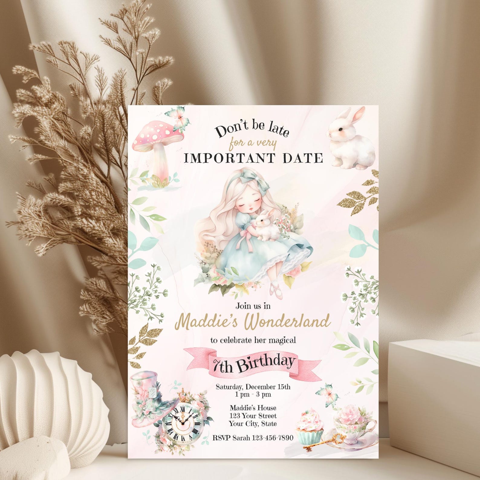 Editable Wonderland 7th Birthday Invitation, Printable Whimsical Mad ...