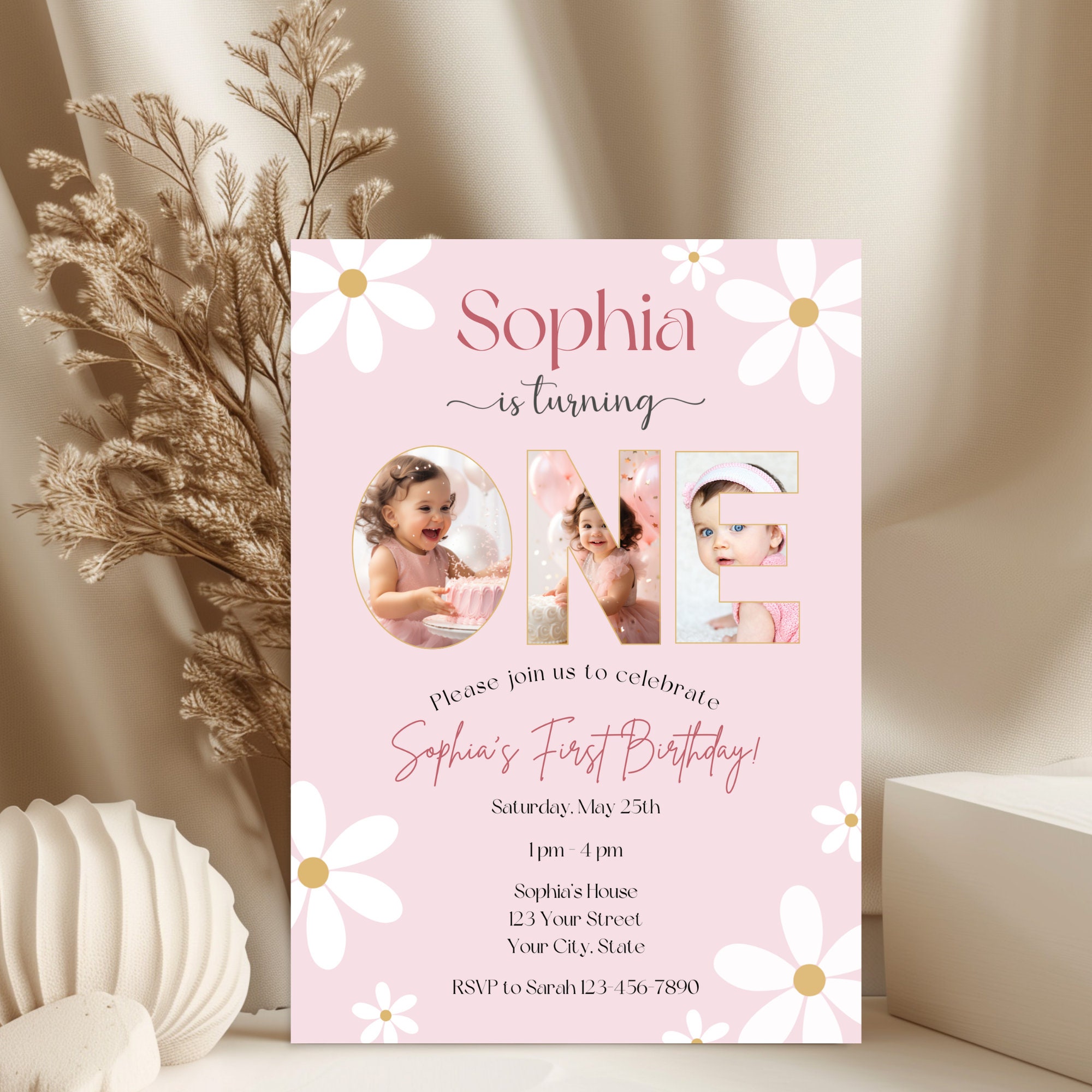 Pink Daisy 1st Birthday Invitation, Editable Minimalist First Birthday ...