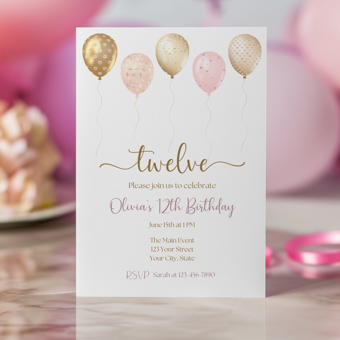 Editable 12th Birthday Invitation, Minimalist Twelve Party Celebration ...