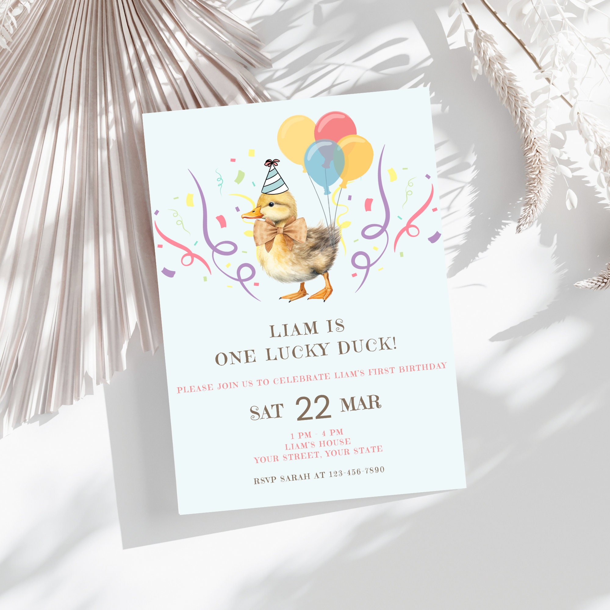 One Lucky Duck Birthday Invitation, Editable Boy 1st Birthday Printable ...