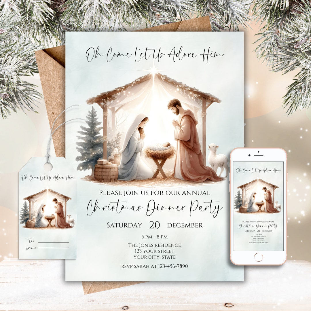Editable Nativity Christmas Party Invitation, Religious Oh Come Let Us Adore Him Invite, Church ...