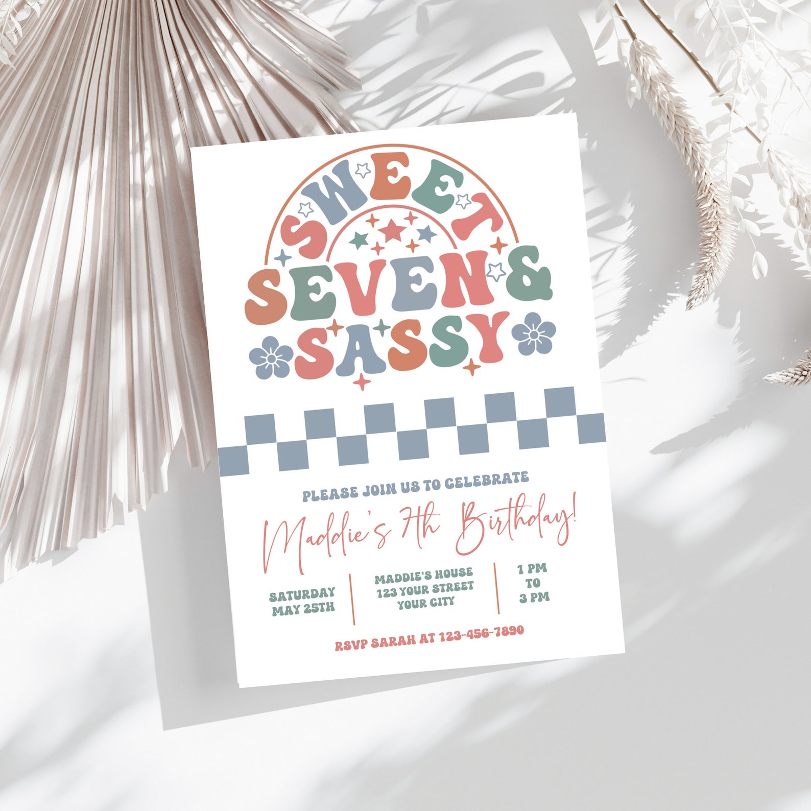 Editable Sweet Sassy and Seven Birthday Invitation, Girl 7th Birthday ...