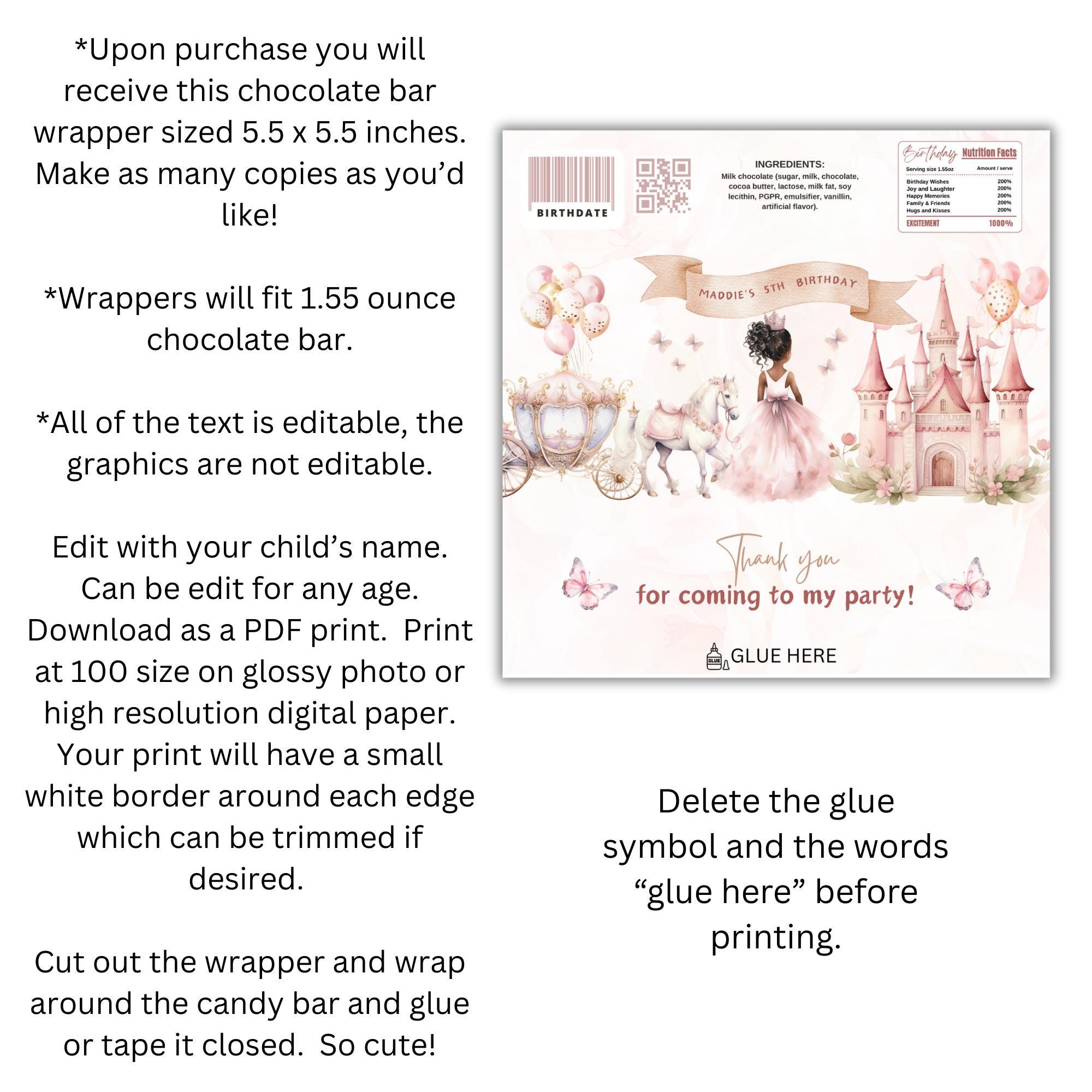 Custom Princess Chocolate Bar Wrapper – 5.5x5.5” Editable Canva ...