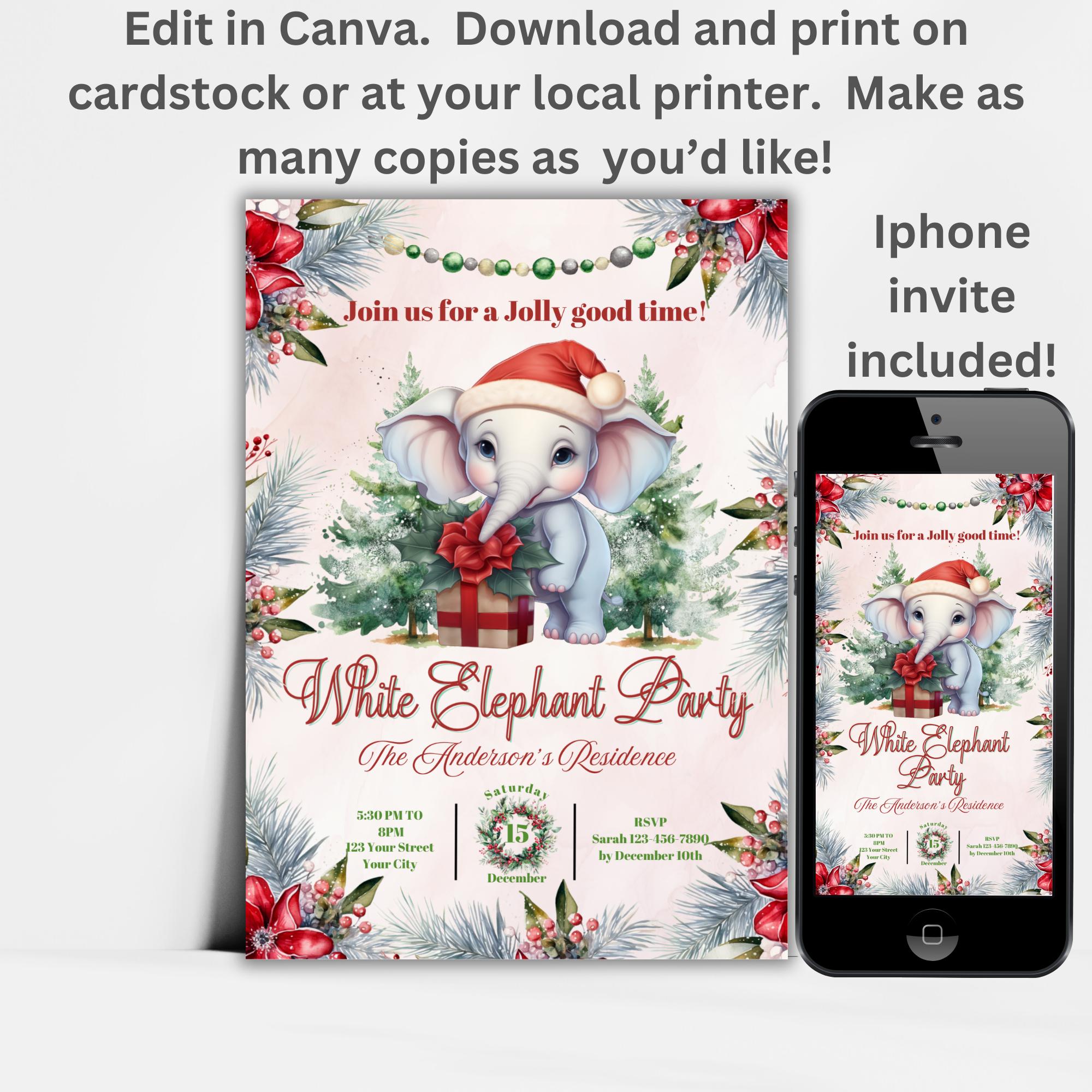 White Elephant Christmas Party Invitation, Editable Canva Invite ...