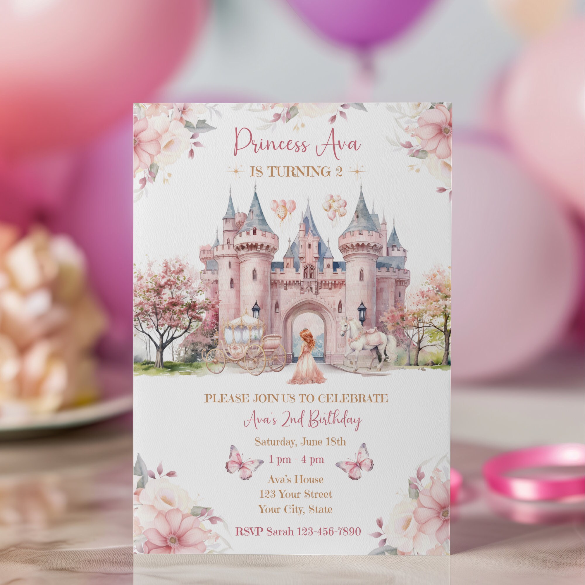 Editable Princess 2nd Birthday Invitation With Photo, Pink Castle ...