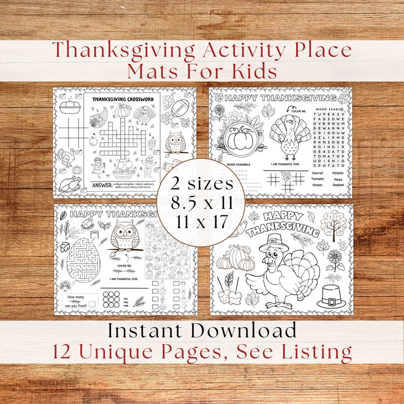 Thanksgiving Activity Placemats for Kids, Activity Mat, Table Decor for ...