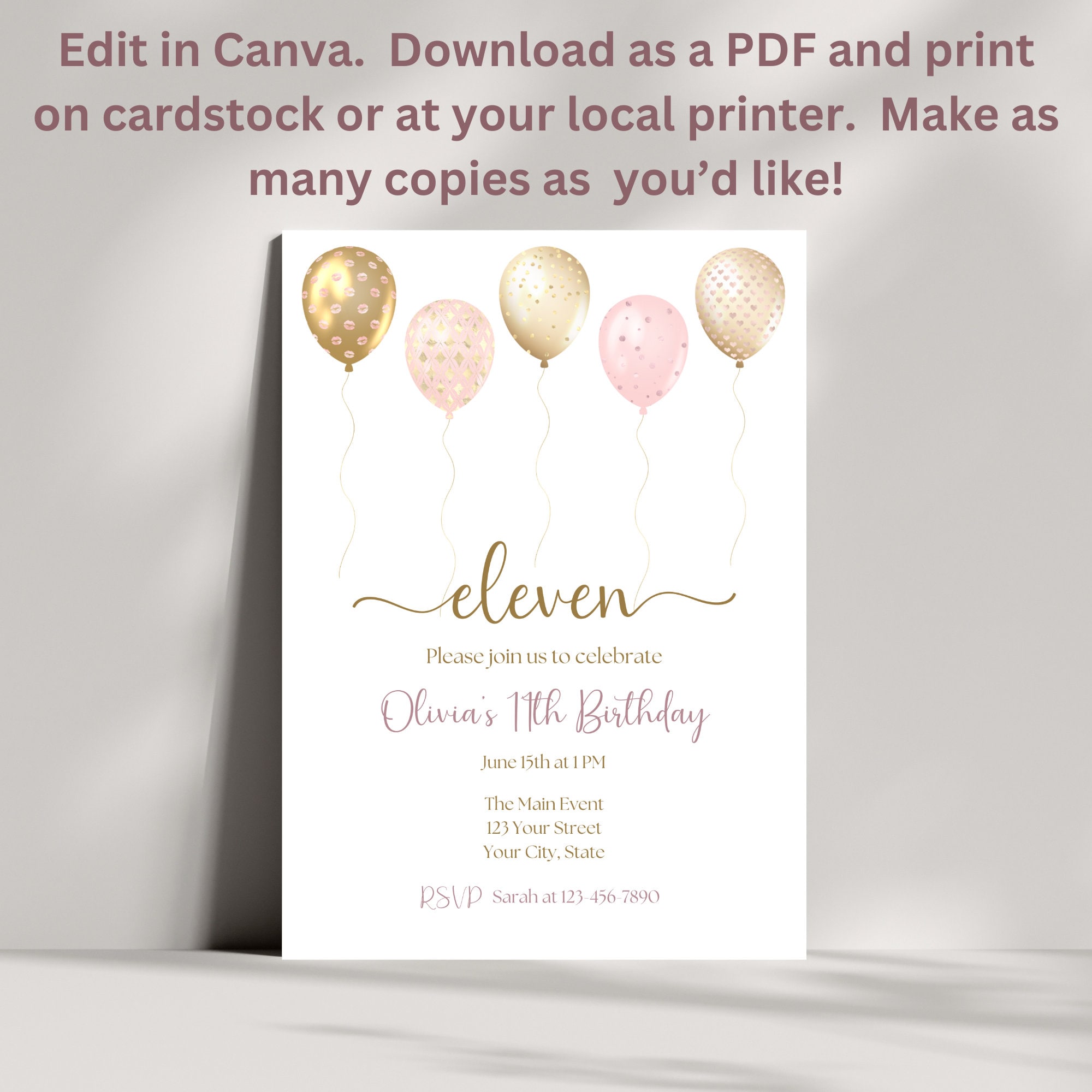 11th Birthday Invitation, Editable Pink Gold Glitter Birthday Party ...