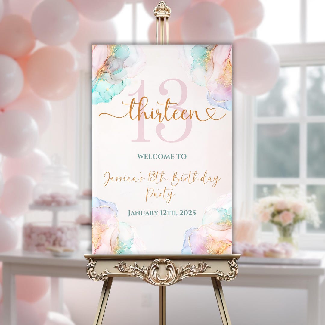 13th Birthday Welcome Sign, Modern Design, Chic Elegant Gold Glitter ...