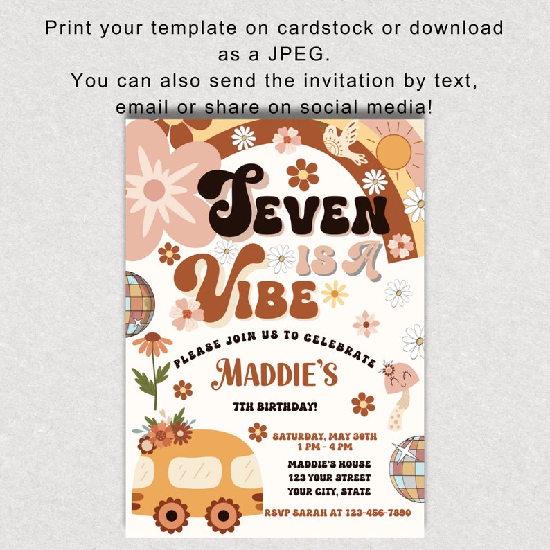 Editable Seven is A Vibe Invitation, Printable Seventh Retro Invite ...
