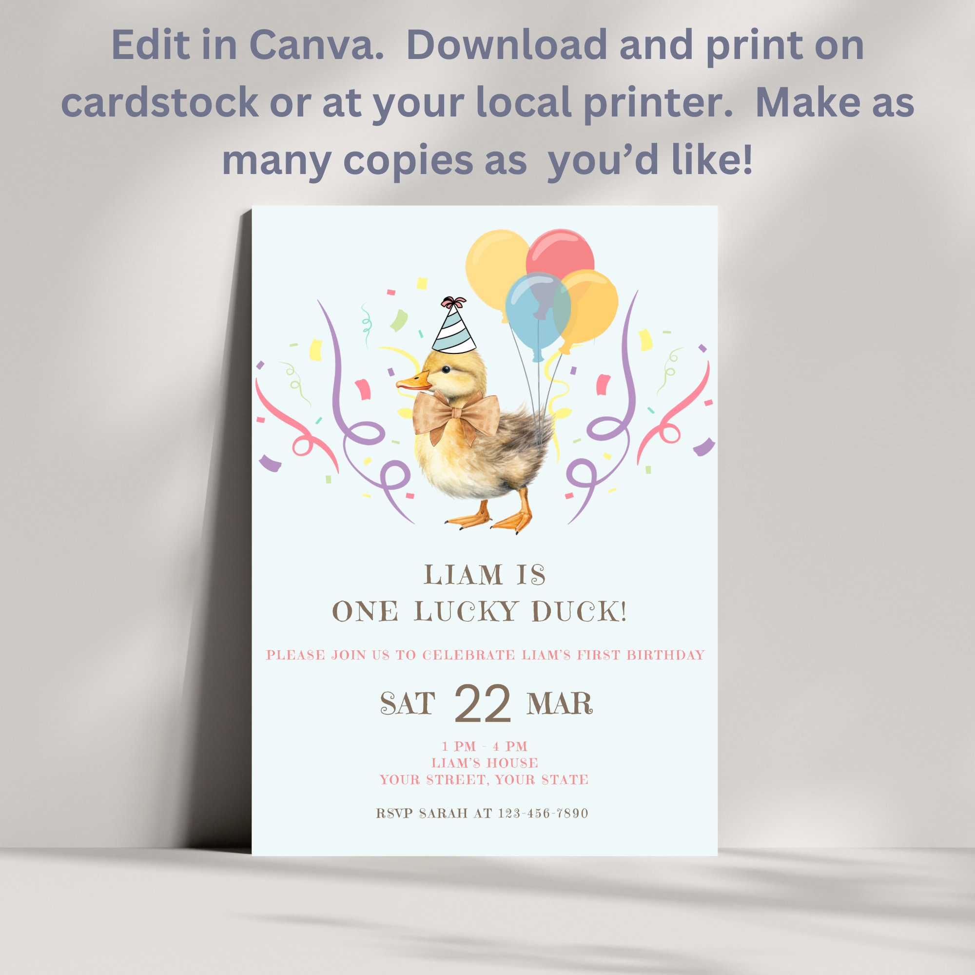 One Lucky Duck Birthday Invitation, Editable Boy 1st Birthday Printable ...