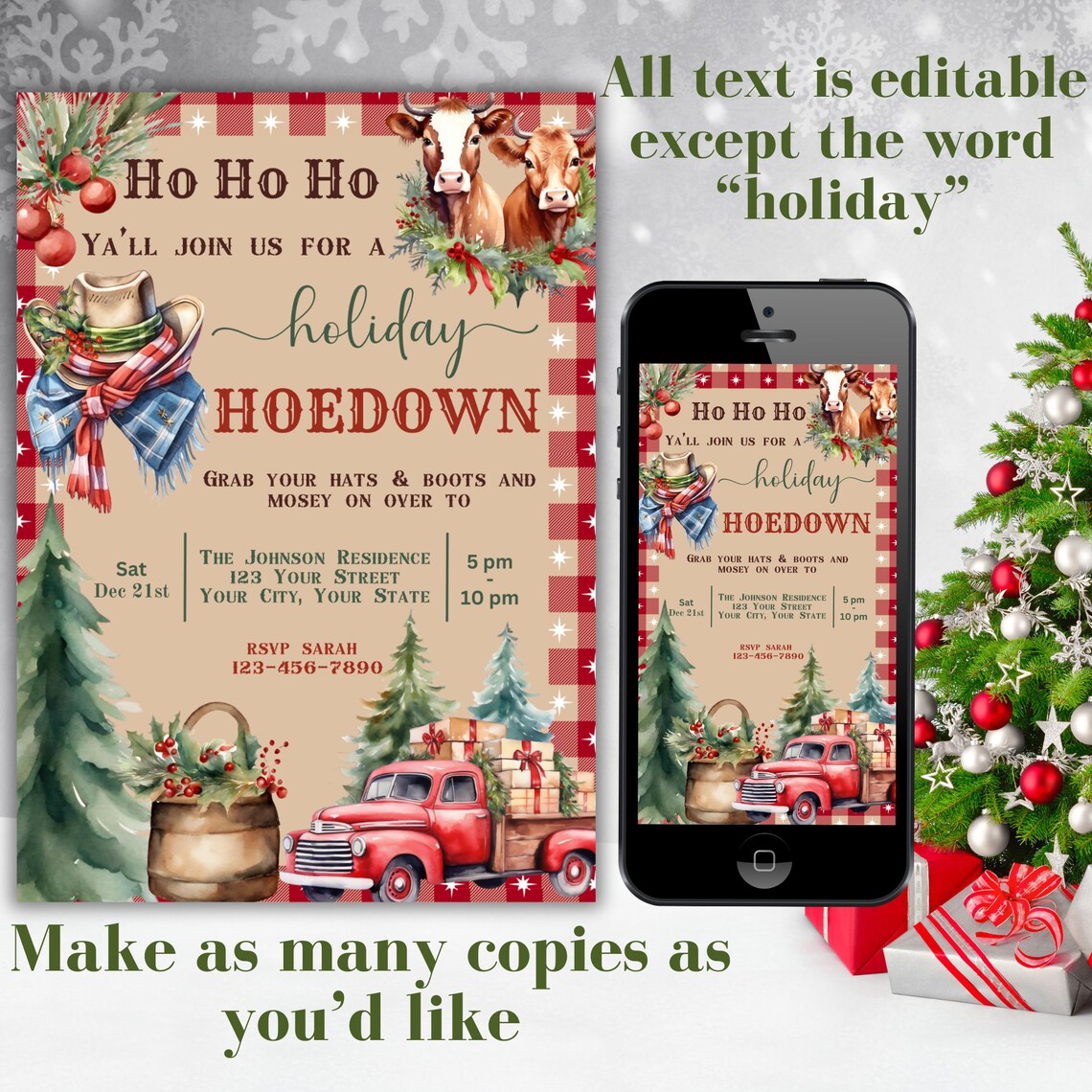 Hoedown Christmas Invitation, Canva Editable Template, Printable Cowboy ...