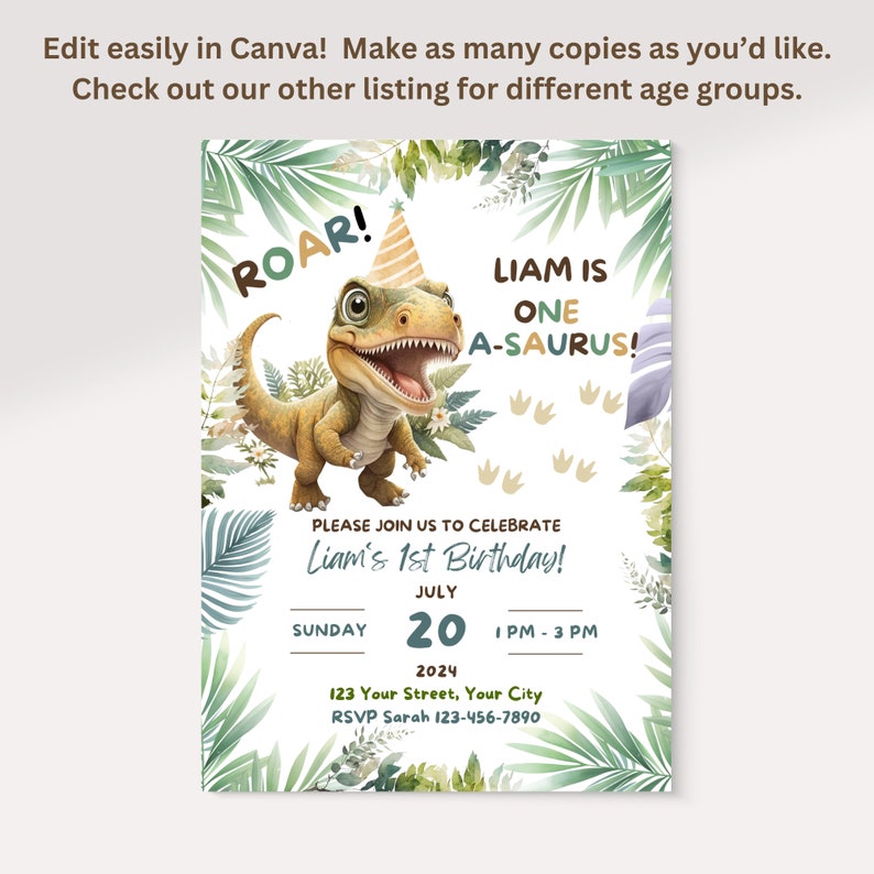 Editable One-a-saurus First Birthday Invitation, Boy 1st Birthday Party ...