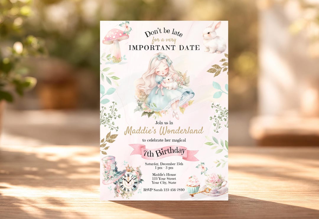Editable Wonderland 7th Birthday Invitation, Printable Whimsical Mad ...