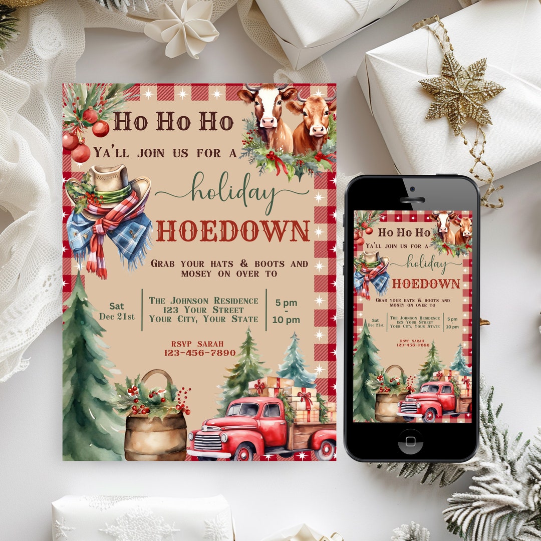 Hoedown Christmas Invitation, Canva Editable Template, Printable Cowboy ...