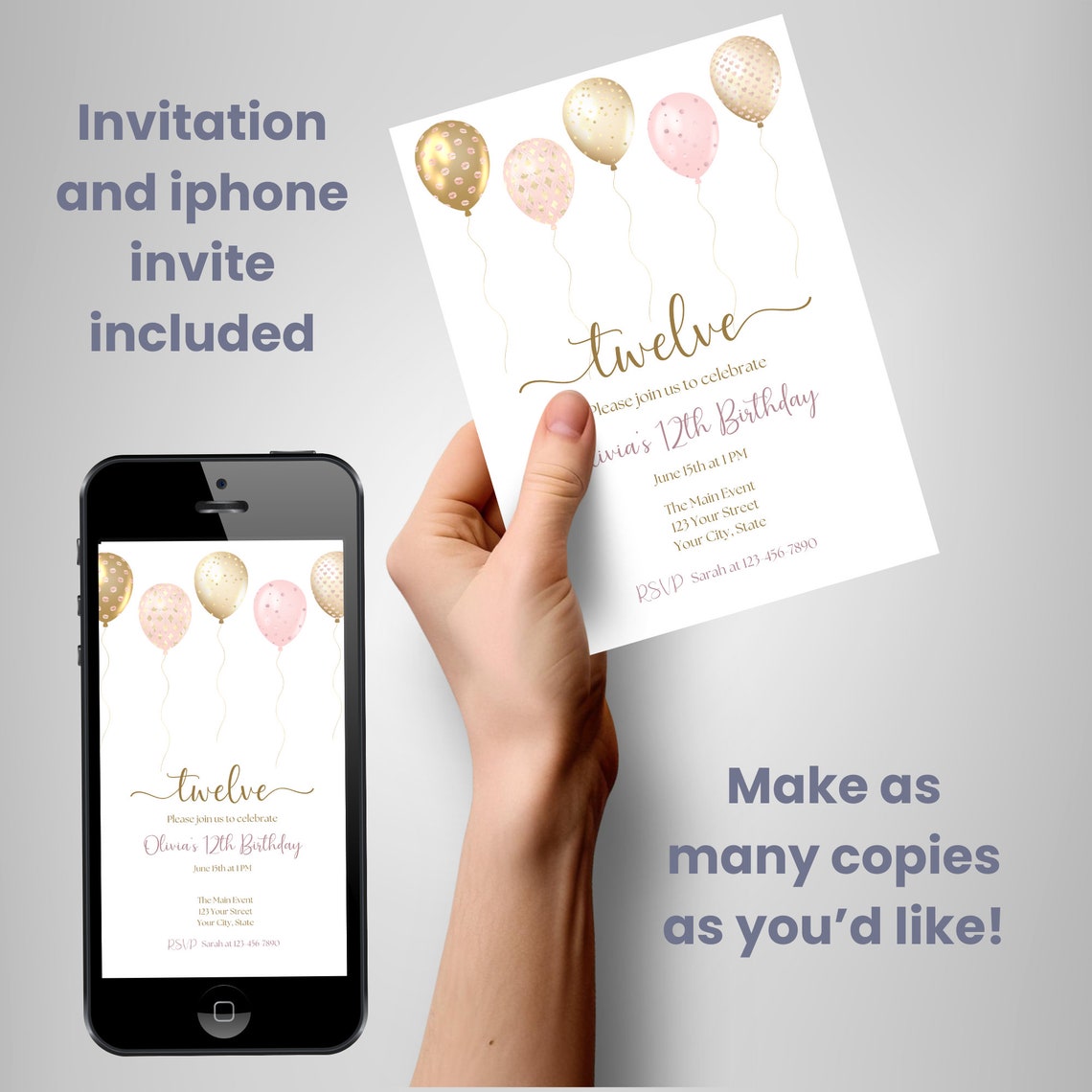 Editable 12th Birthday Invitation, Minimalist Twelve Party Celebration ...