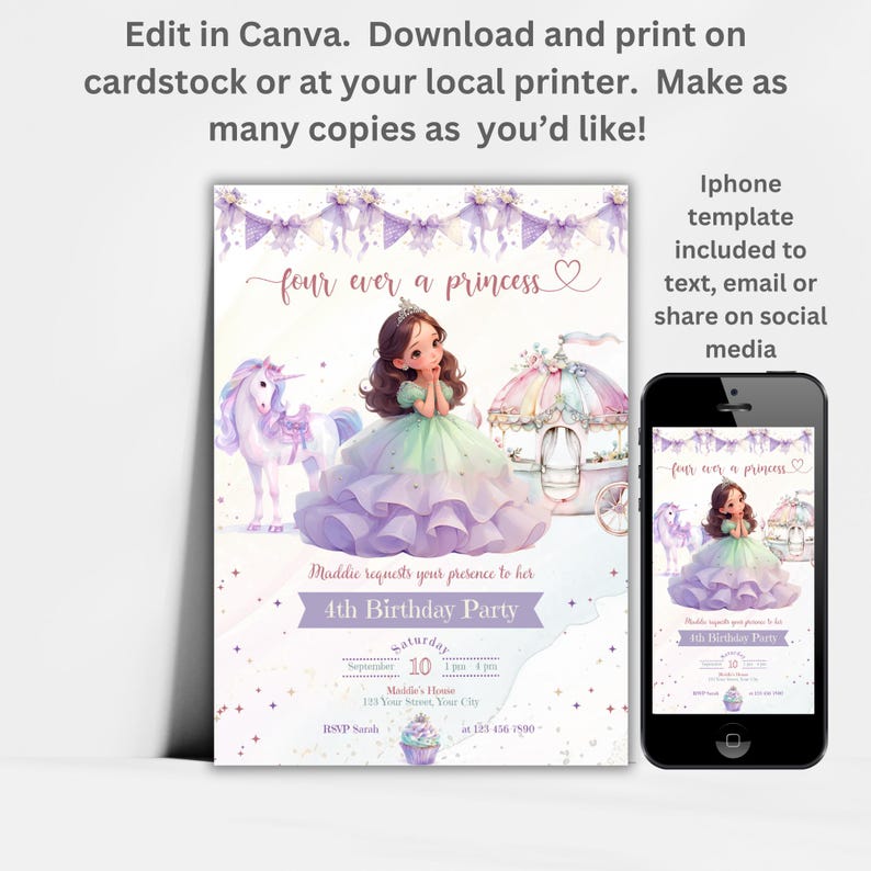 Four Ever a Princess Birthday Invitation, Editable 4th Birthday Invite ...
