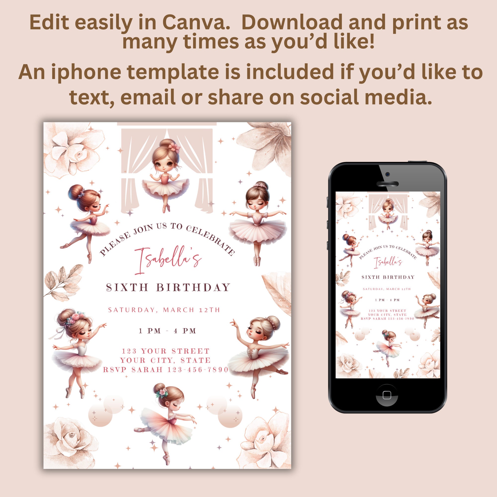 Ballerina Birthday Party Invitation, Ballet Dancer Girl Invite ...