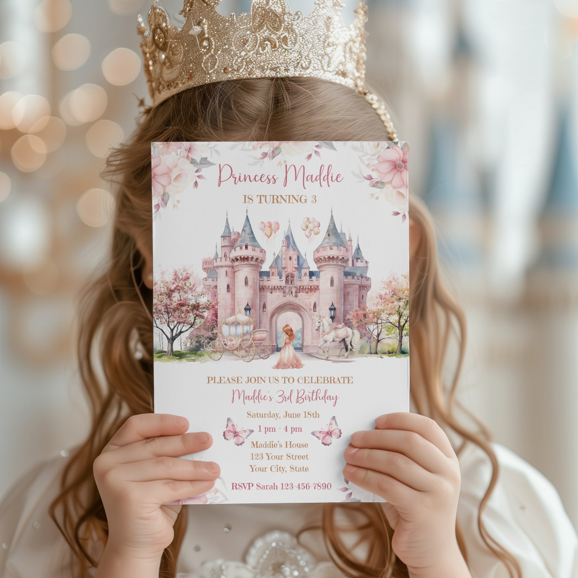 Princess 3rd Birthday Invitation, Watercolor Princess Invite, Editable ...
