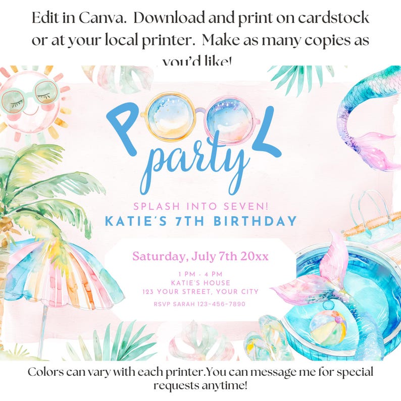 Splash Into Seven 7th Birthday Invitation, Pool Party Invite, Girl ...