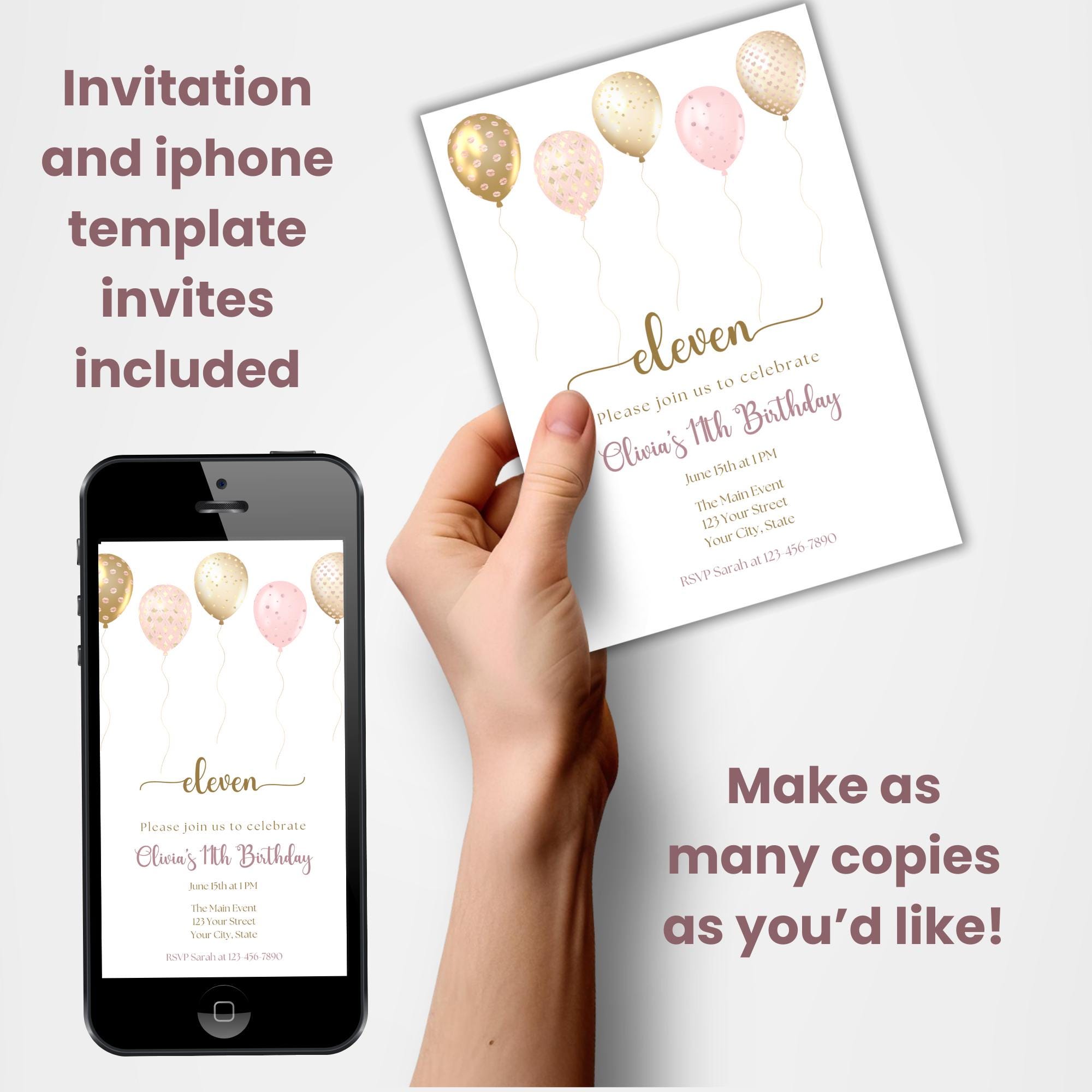 11th Birthday Invitation, Editable Pink Gold Glitter Birthday Party ...