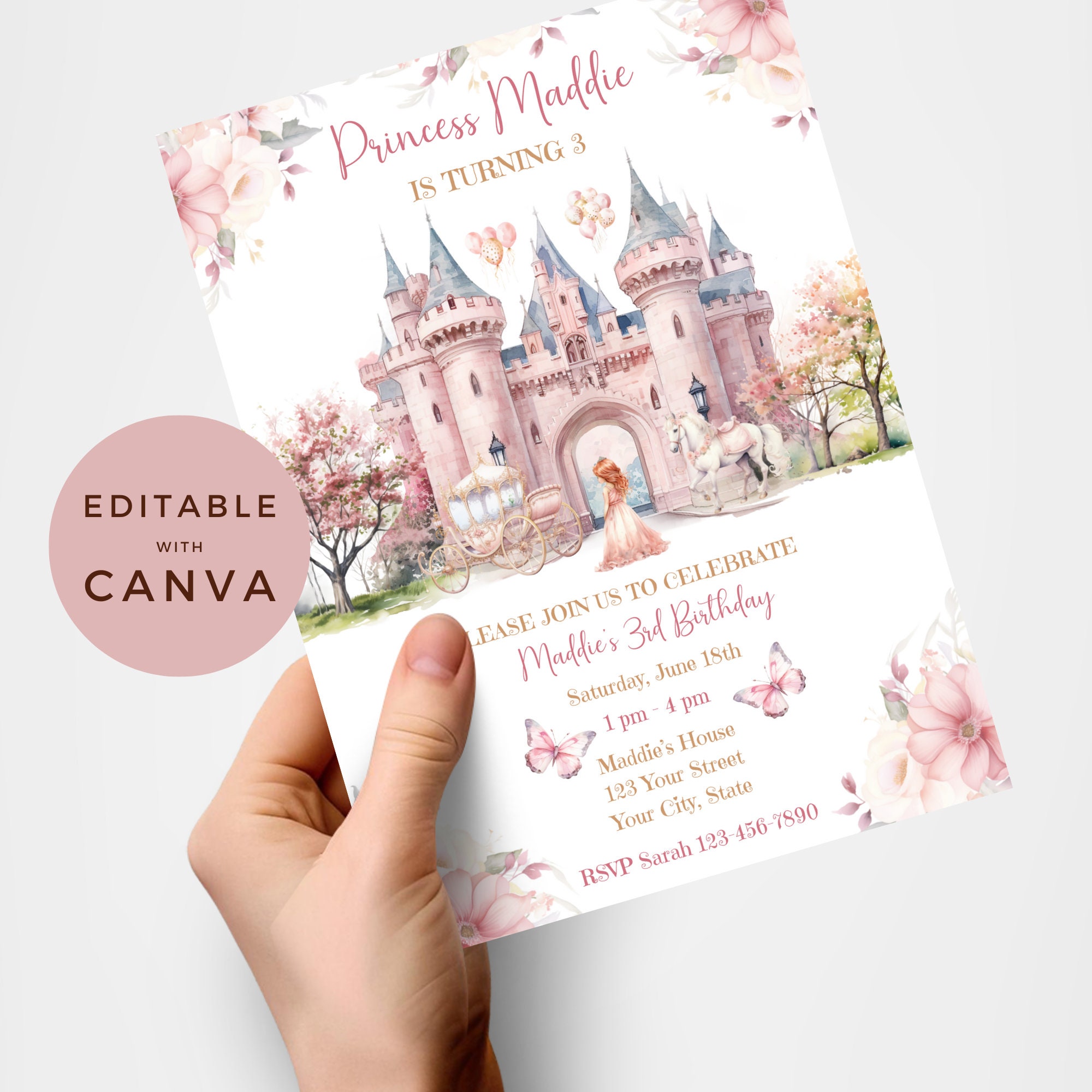 Princess 3rd Birthday Invitation, Watercolor Princess Invite, Editable ...