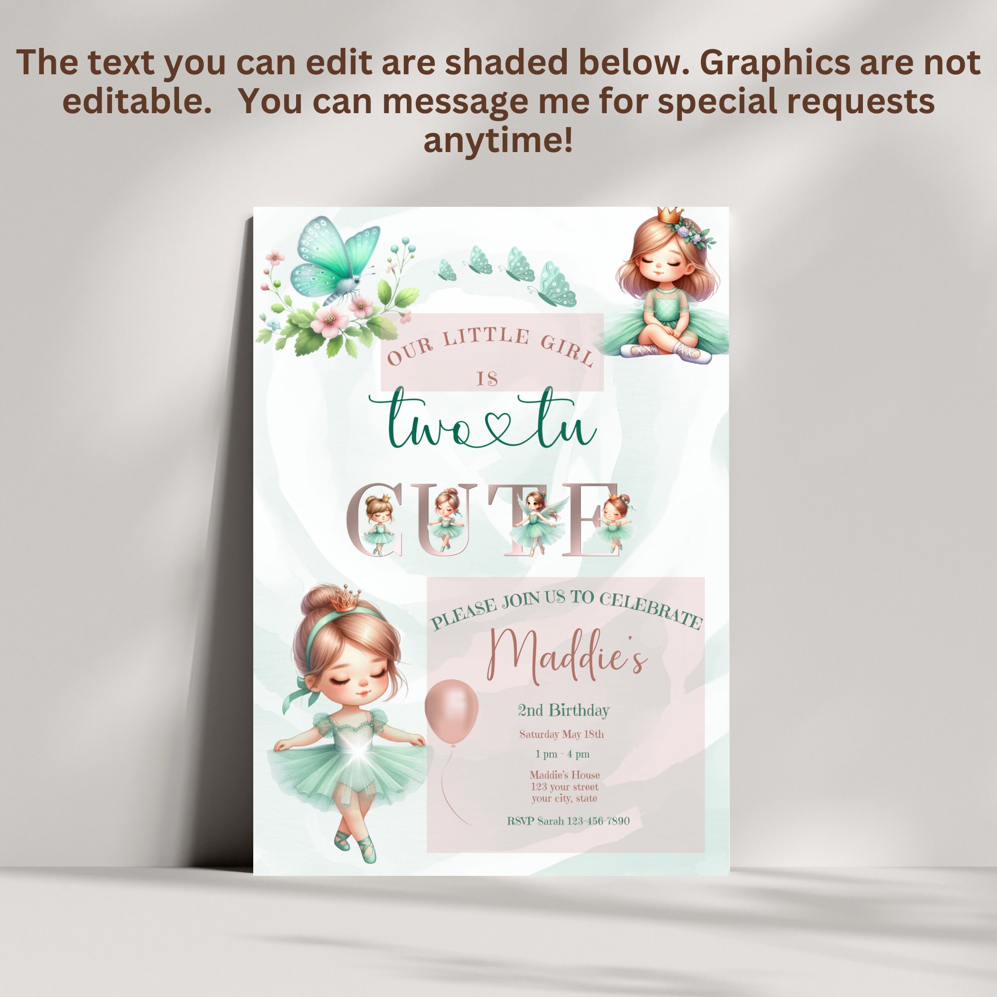 Two Tu Cute Ballerina 2nd Birthday Invitation, Tutu Cute 2 Year Old ...
