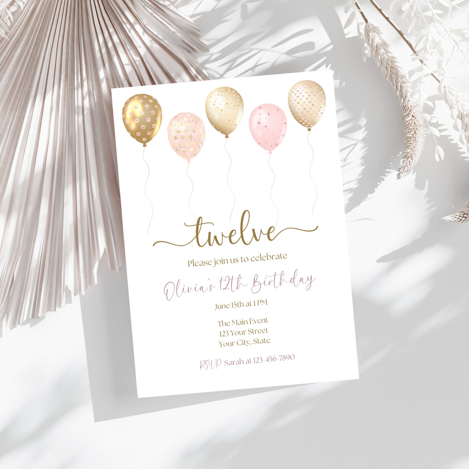 Editable 12th Birthday Invitation, Minimalist Twelve Party Celebration ...