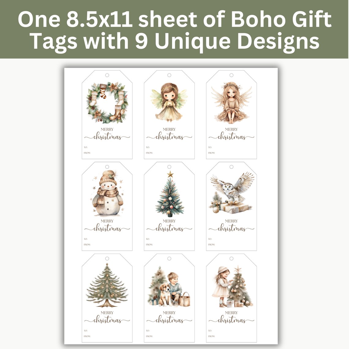 Printable Boho Christmas Gift Tags, Watercolor Merry Christmas Holiday ...