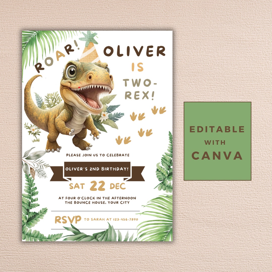Two Rex Dinosaur Birthday Invitation Editable 2 Year Old Boy Birthday ...