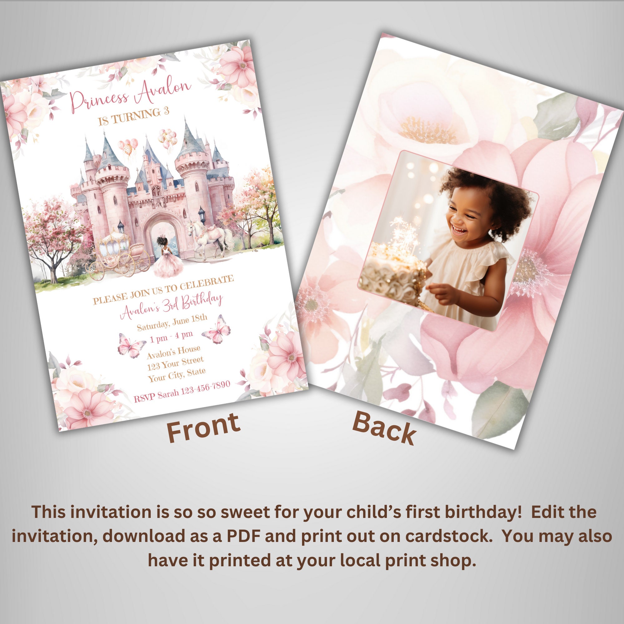 Editable 3rd Pink Princess Birthday Invitation, Girl Castle Birthday ...
