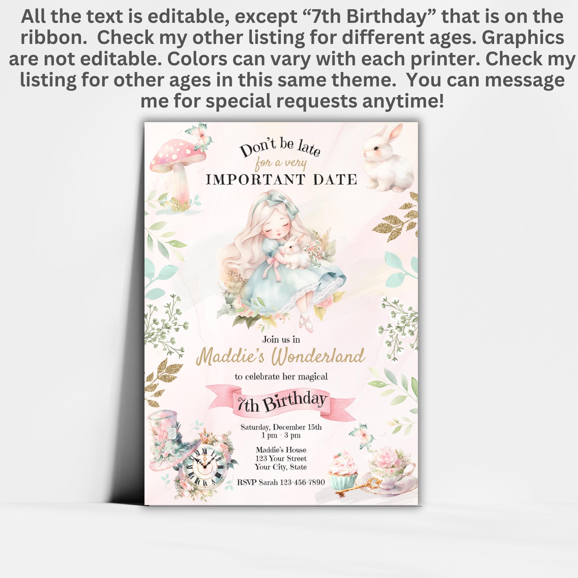 Editable Wonderland 7th Birthday Invitation, Printable Whimsical Mad ...