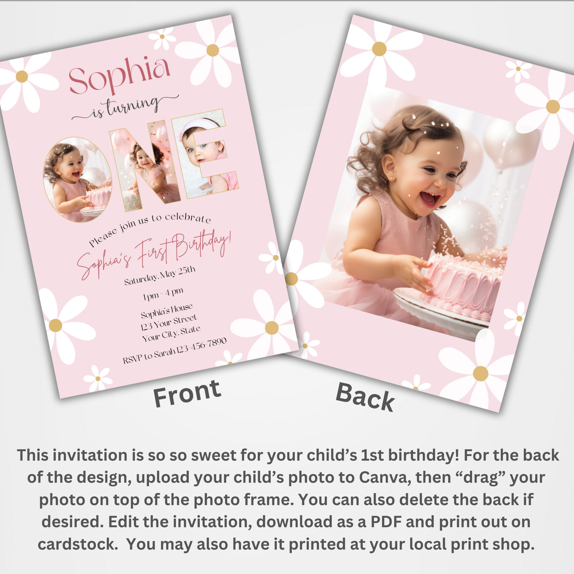 Pink Daisy 1st Birthday Invitation, Editable Minimalist First Birthday ...