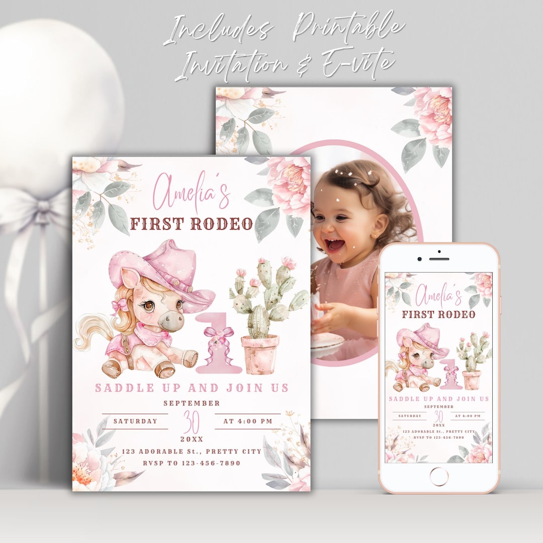 My First Rodeo Girl Birthday Invite, Customizable Cowgirl 1st Birthday ...