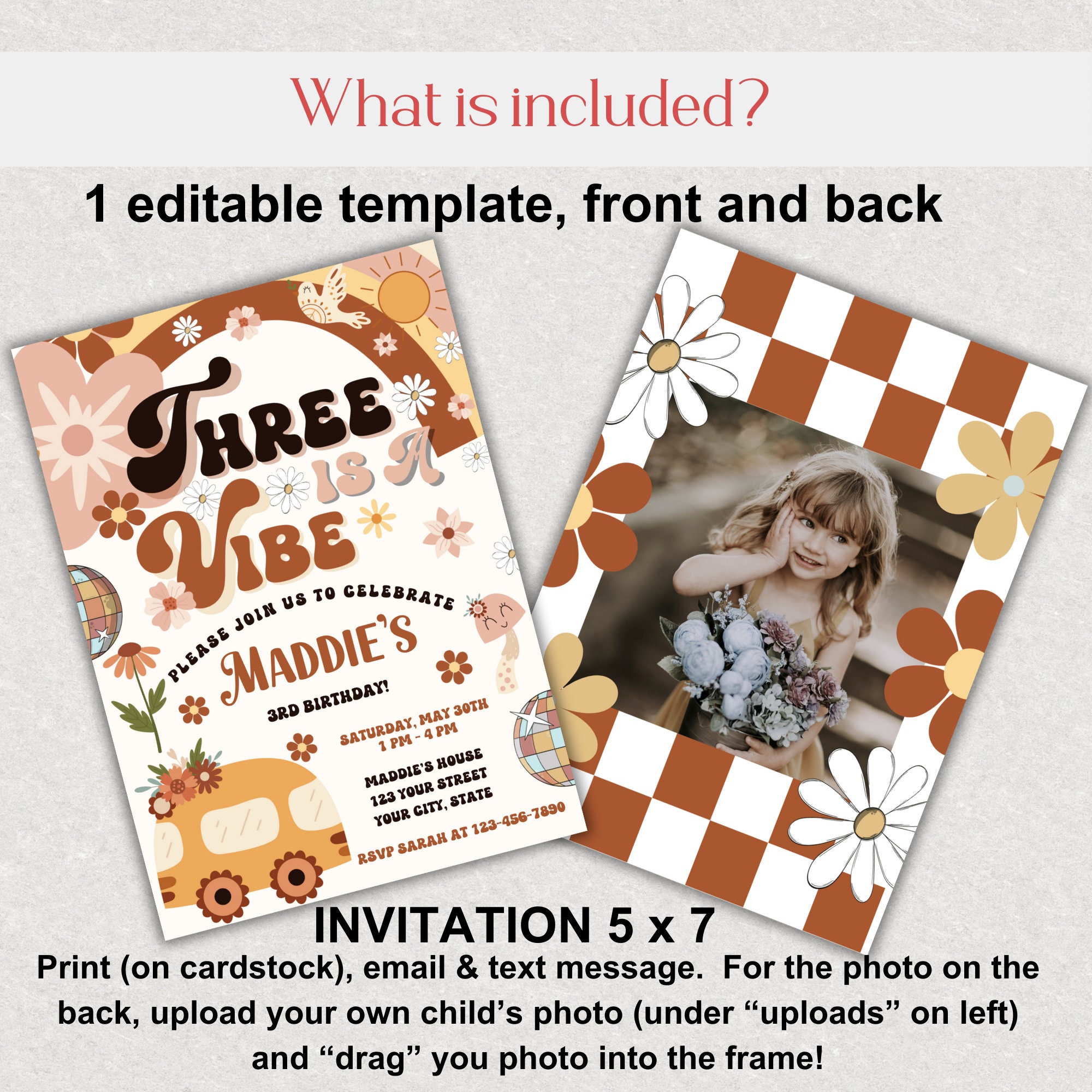 Three is a Vibe Birthday Invitation, 3 Year Old Groovy Invite, Hippie ...