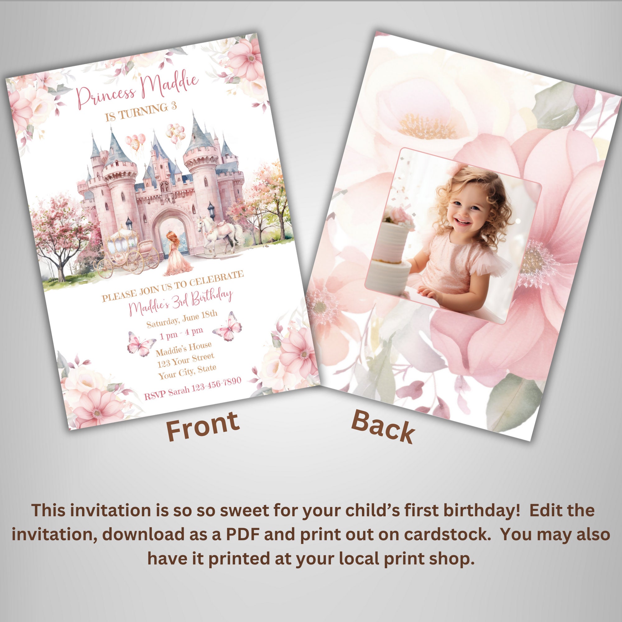 Princess 3rd Birthday Invitation, Watercolor Princess Invite, Editable ...
