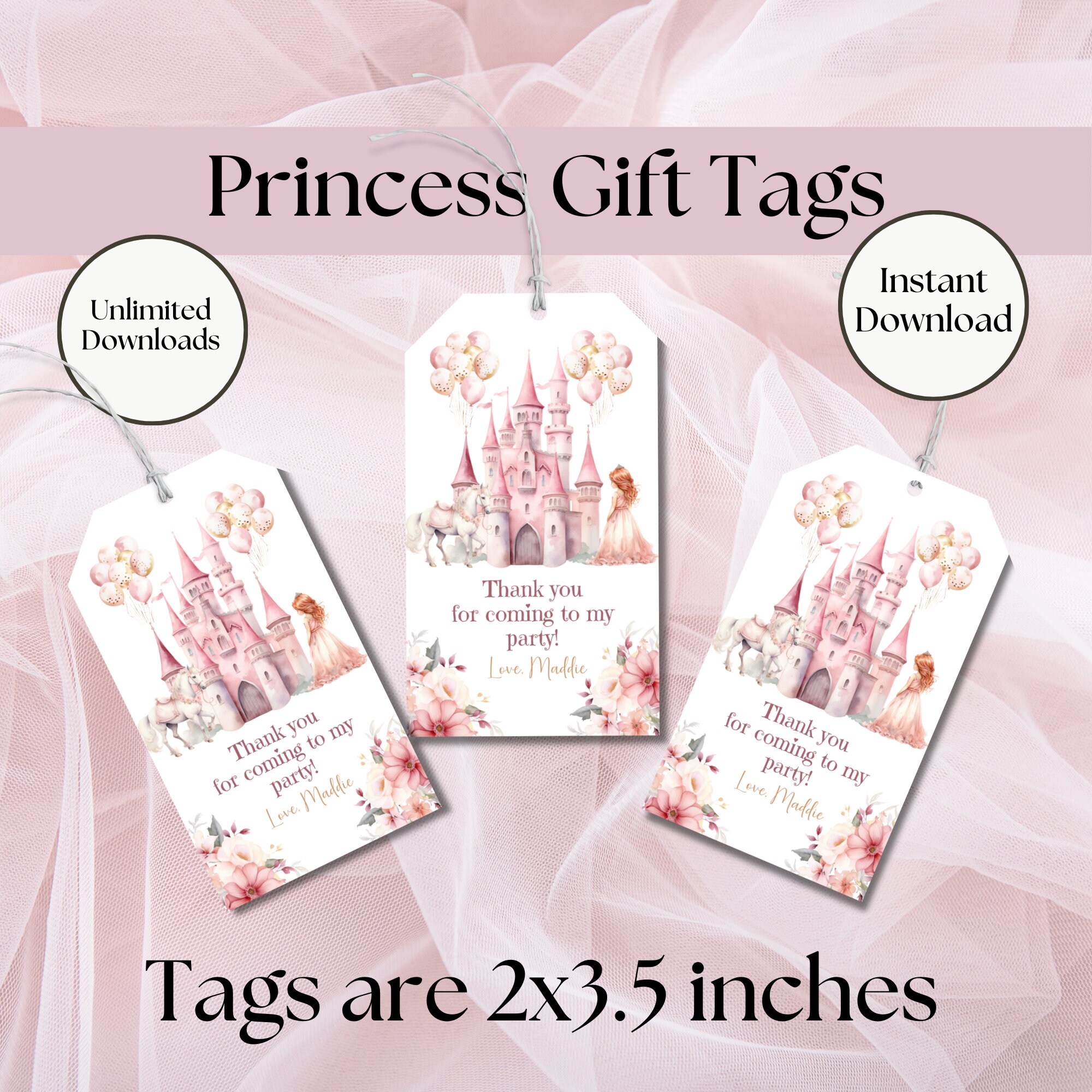 Editable Princess Thank You Tags, Gift Tags, Girl Birthday Party, Favor ...