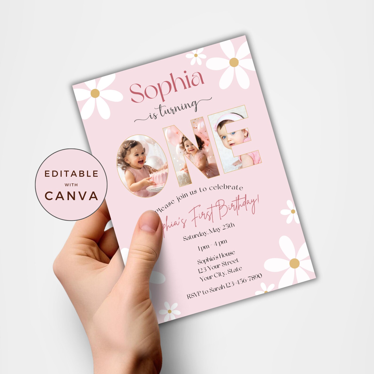 Pink Daisy 1st Birthday Invitation, Editable Minimalist First Birthday ...