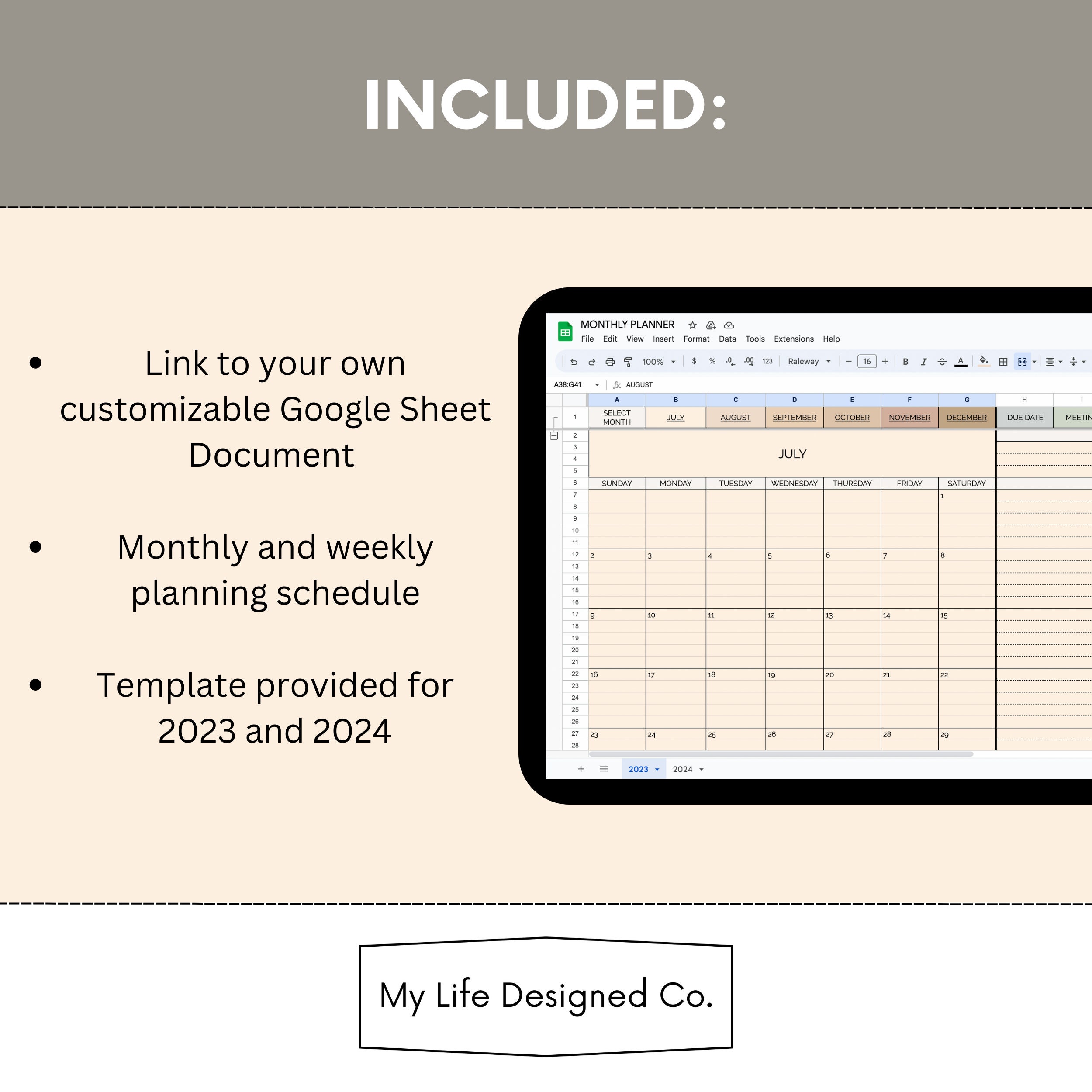 2023-2024 Minimalist Google Sheets Template | Yearly Monthly Weekly ...