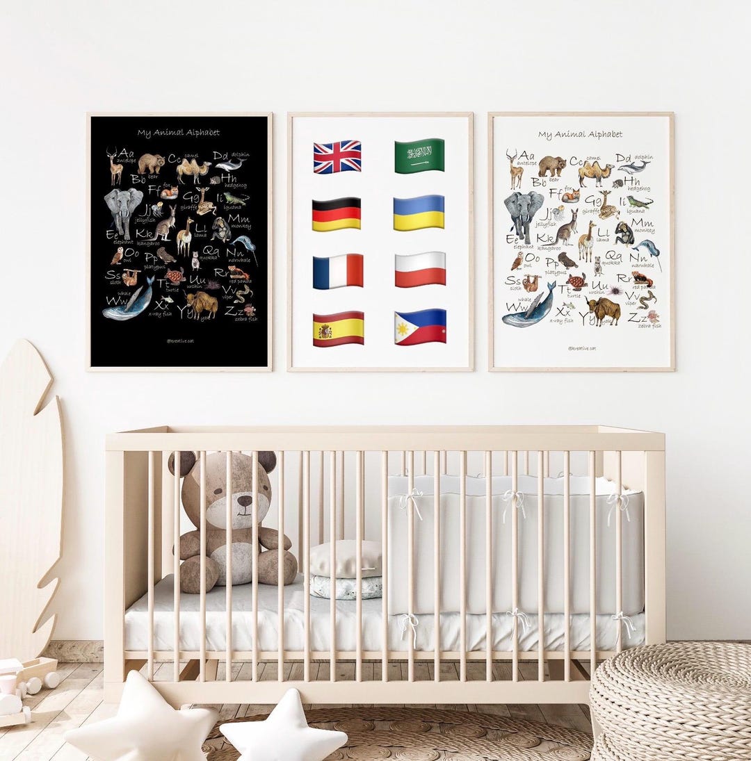 Multilingual Watercolor Animal Alphabet Poster | Kids Nursery Wall Art ...