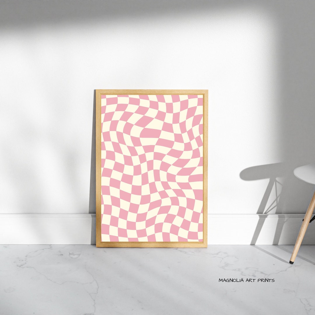 Pink Checkered Wall Art, Trendy Pink Poster, Retro Wavy Checkerboard ...