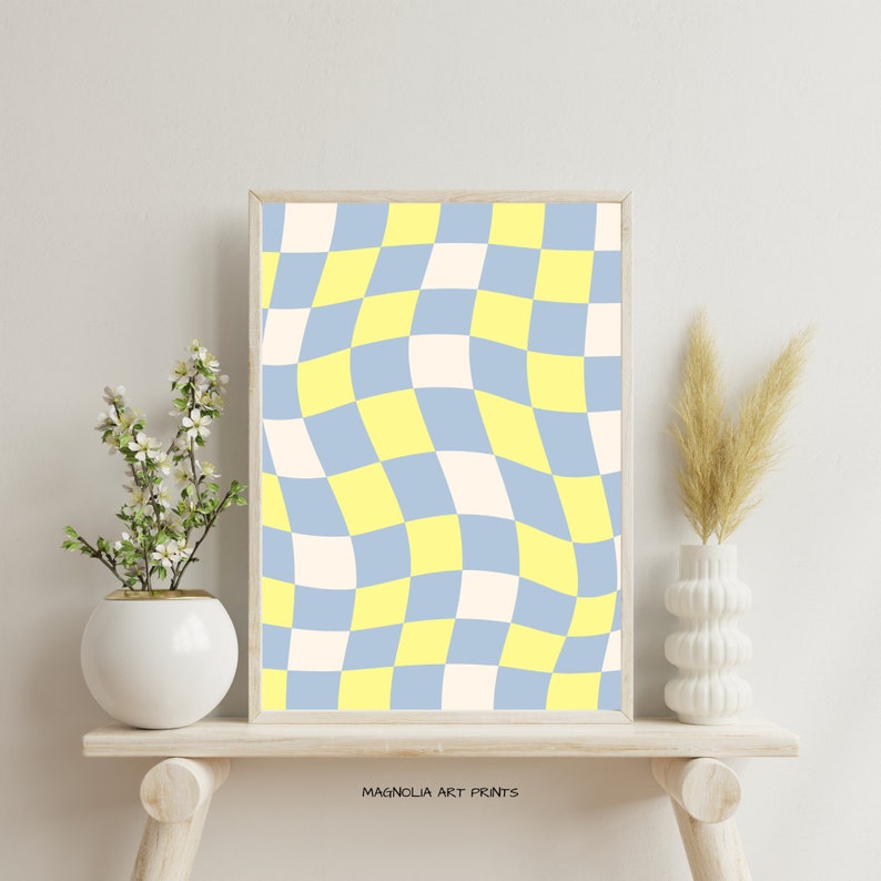 Blue and Yellow Checkered Wall Art, Retro Pastel Checkerboard Print ...