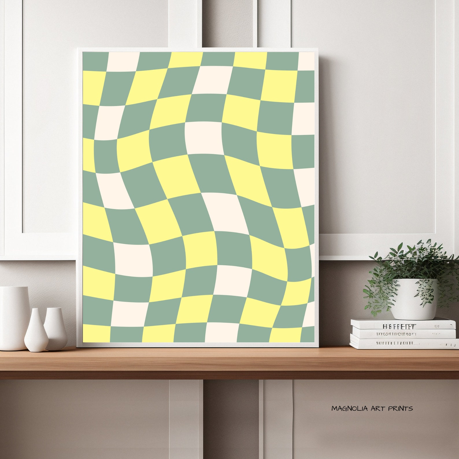 Green and Yellow Checkered Wall Art, Retro Pastel Checkerboard Print ...