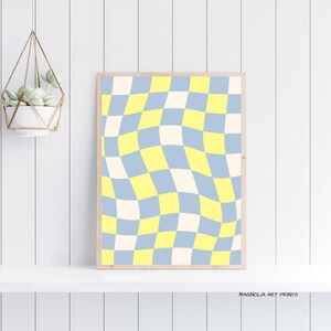 Blue and Yellow Checkered Wall Art, Retro Pastel Checkerboard Print ...